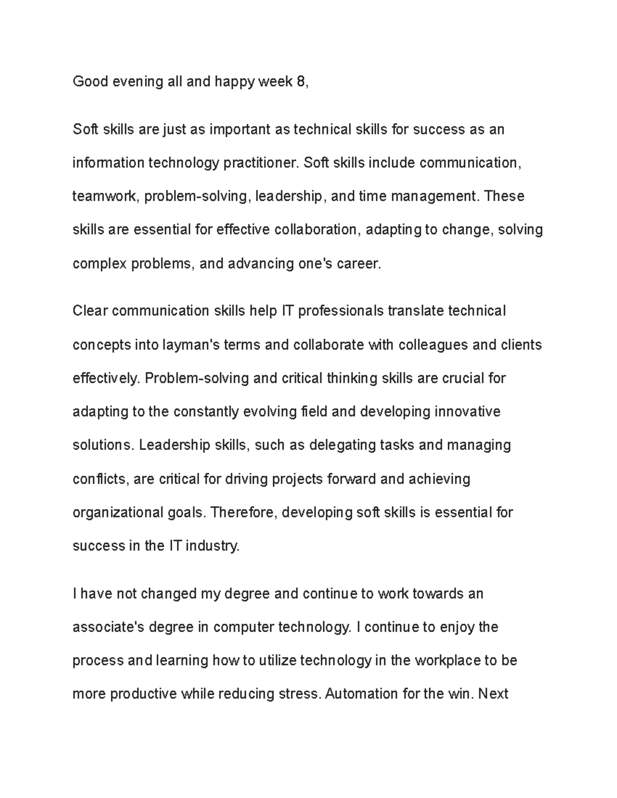 Week 8 Dq Discussion 2 - Good evening all and happy week 8, Soft skills ...