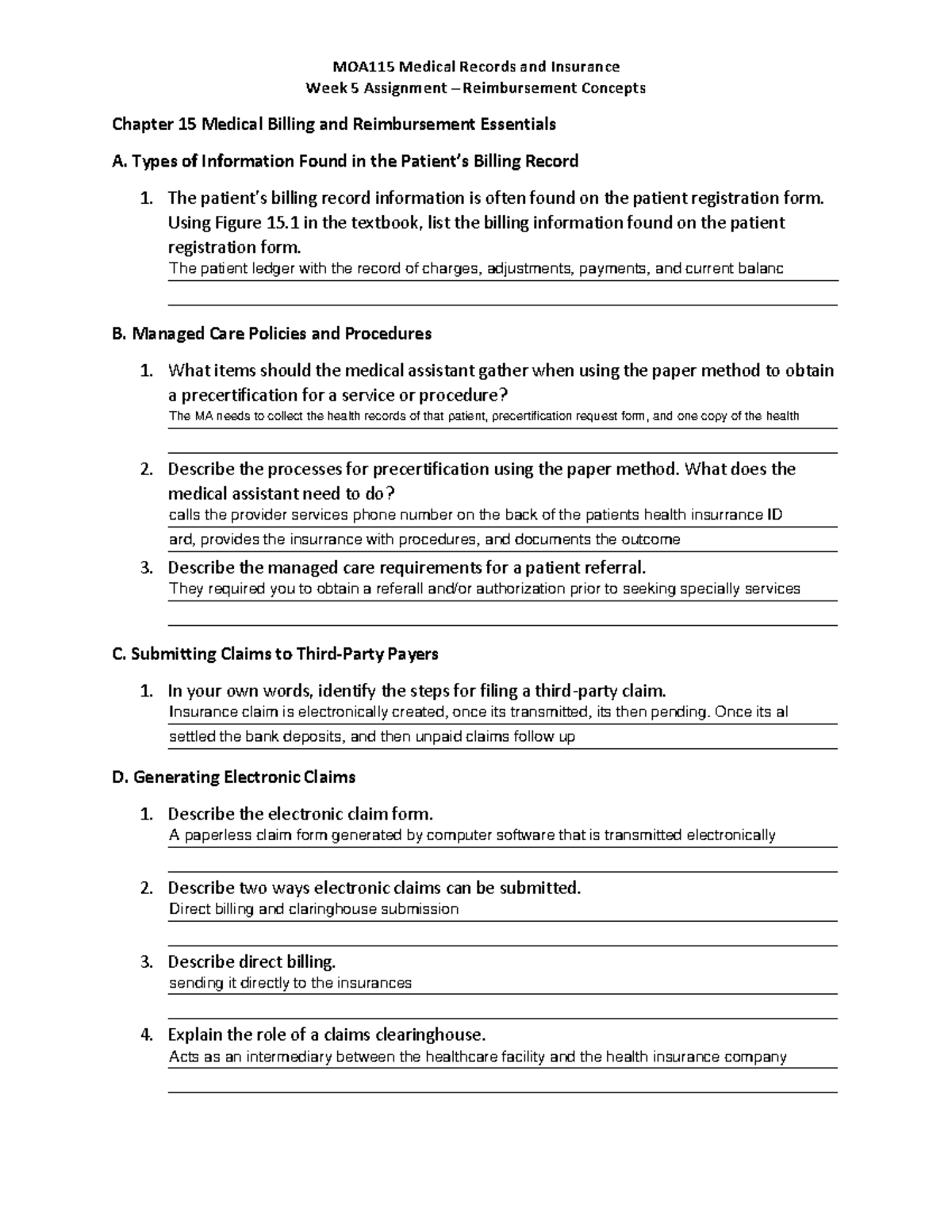 Week 5 Assignment Worksheet - MOA115 Medical Records and Insurance Week ...
