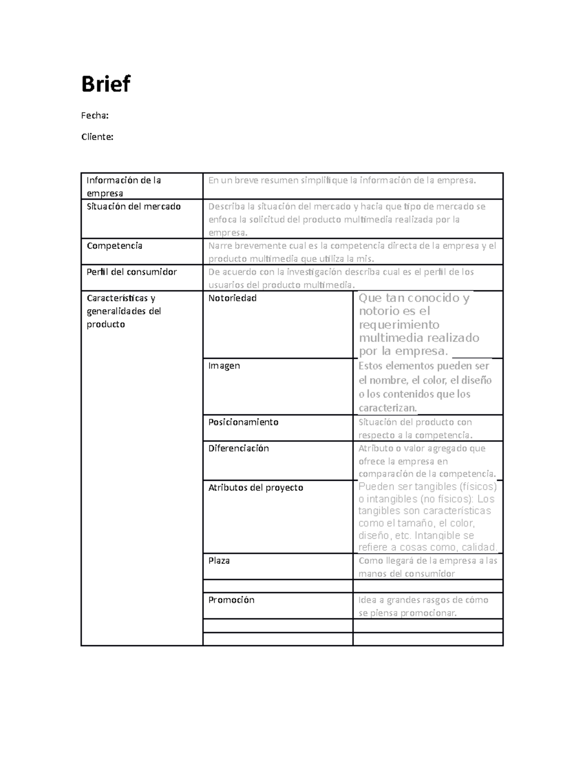 Formato de ejemplo brief - Brief Fecha: Cliente: Información de la ...