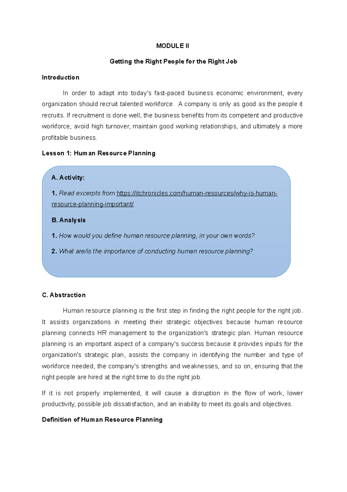 Module-II-HRM - For academic purposes only. - MODULE II Getting the ...