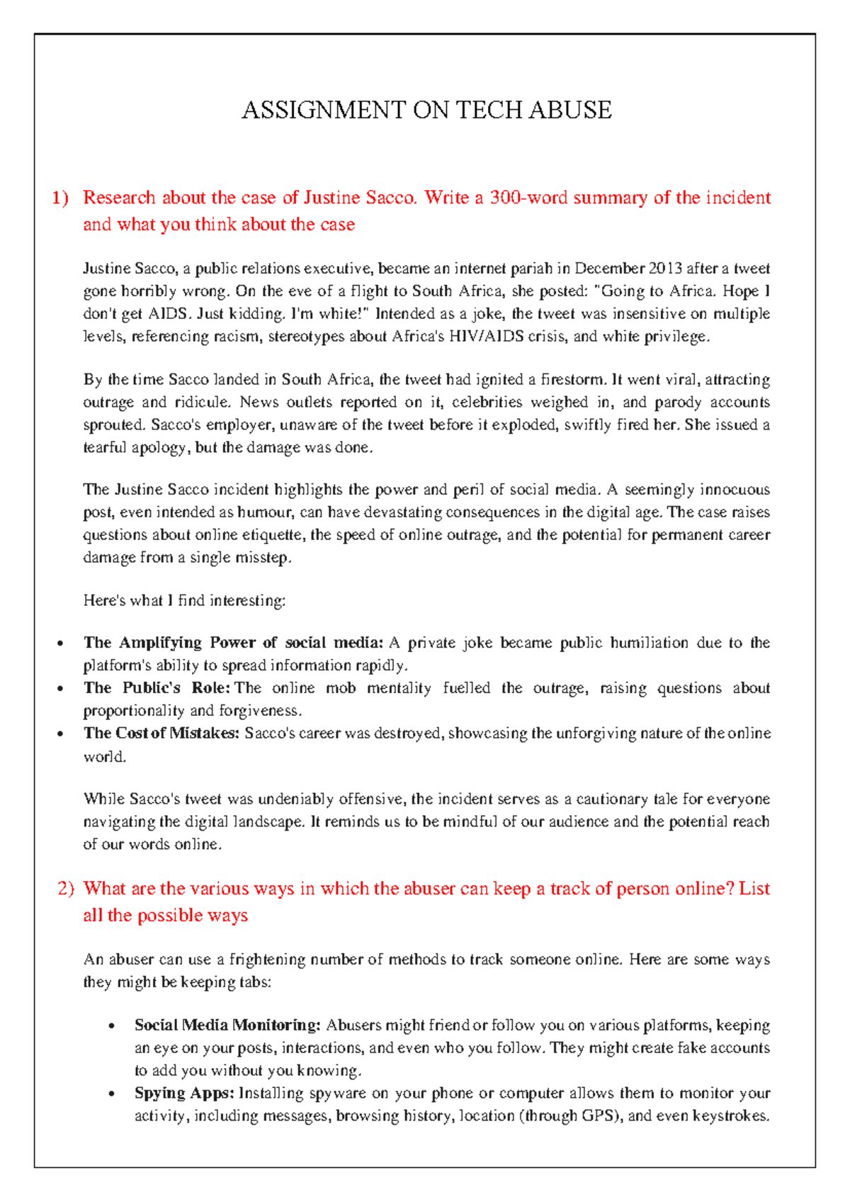 Assignment 1 - ASSIGNMENT ON TECH ABUSE 1) Research about the case of ...