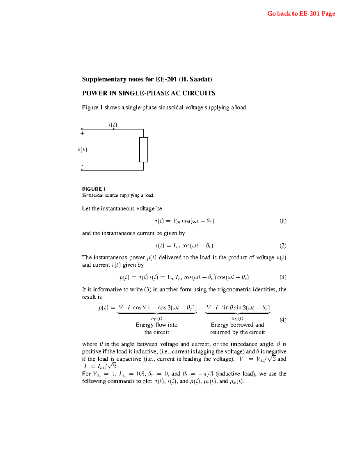 201Power - GOOD - Supplementary notes for EE-201 (H. Saadat) POWER IN ...