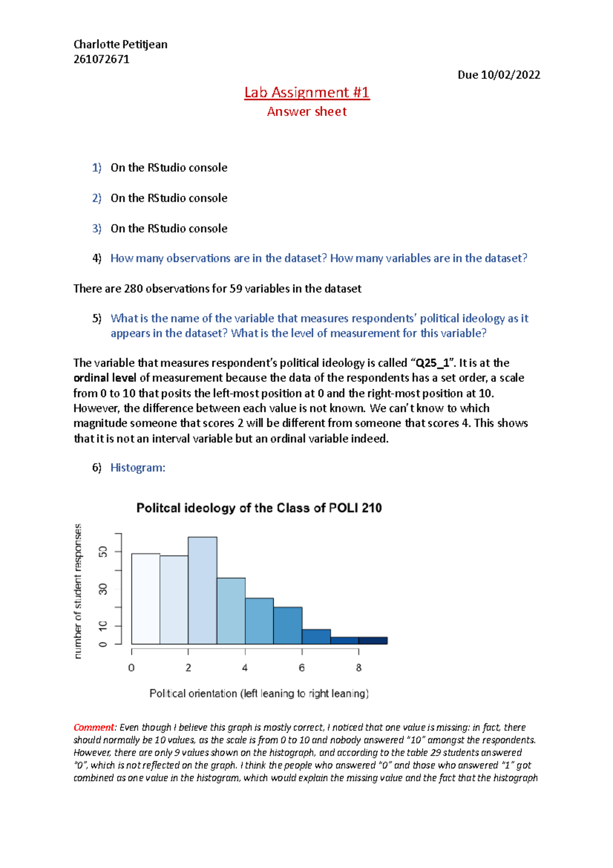 Assignment #1 Answer Sheet - Charlotte Petitjean 261072671 Due 10/02 ...