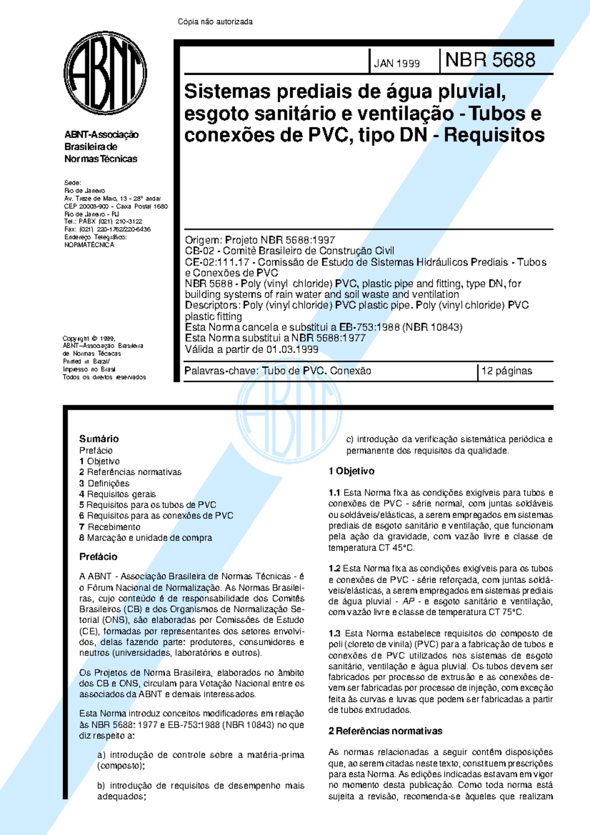 NBR 5688 - sistemas prediais de agua pluvial, esgoto sanitario e ...