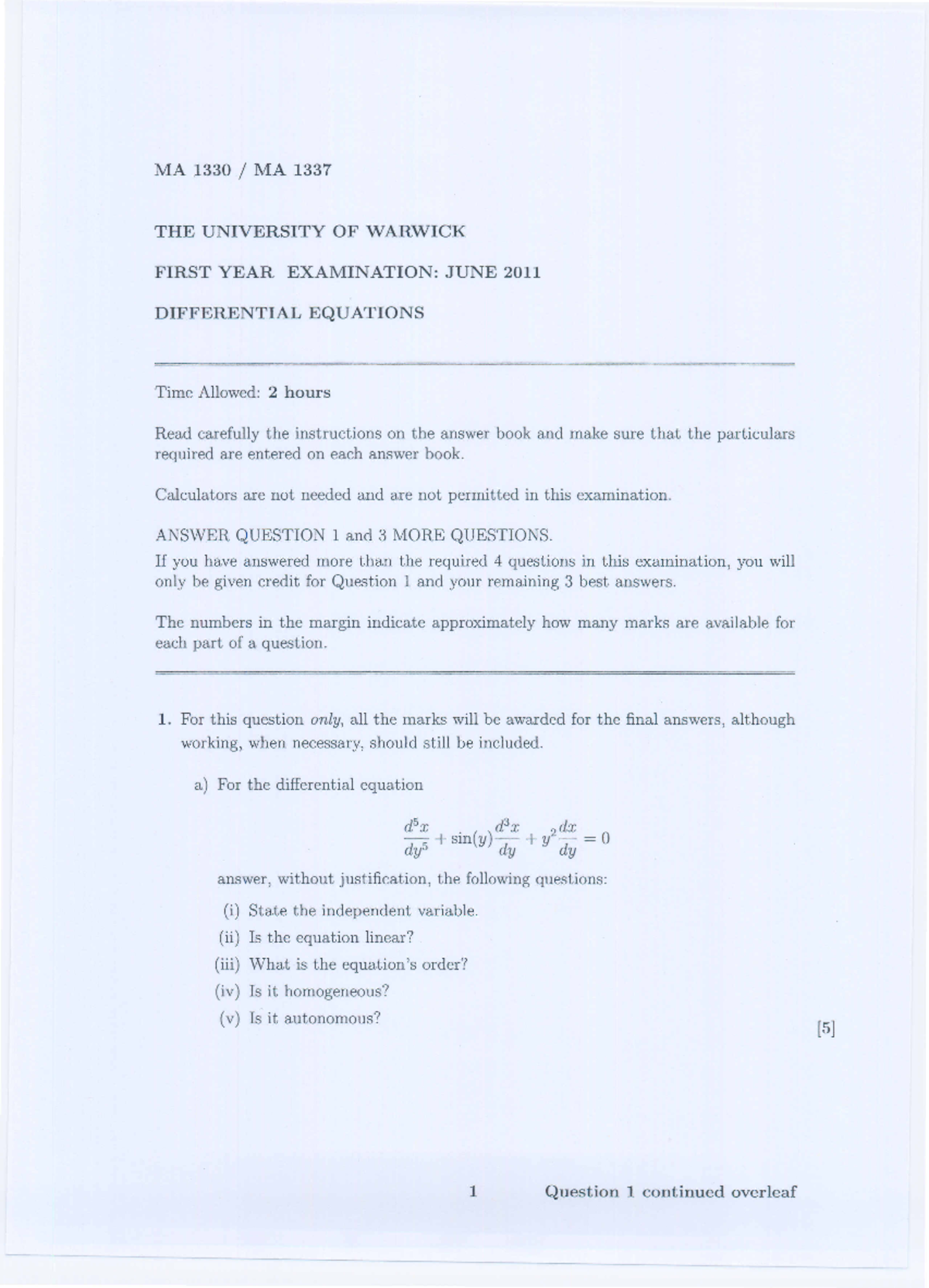Exam June 2011, questions - MA 1330 / MA 1337 THE UNIVERSITY OF WARWICK ...