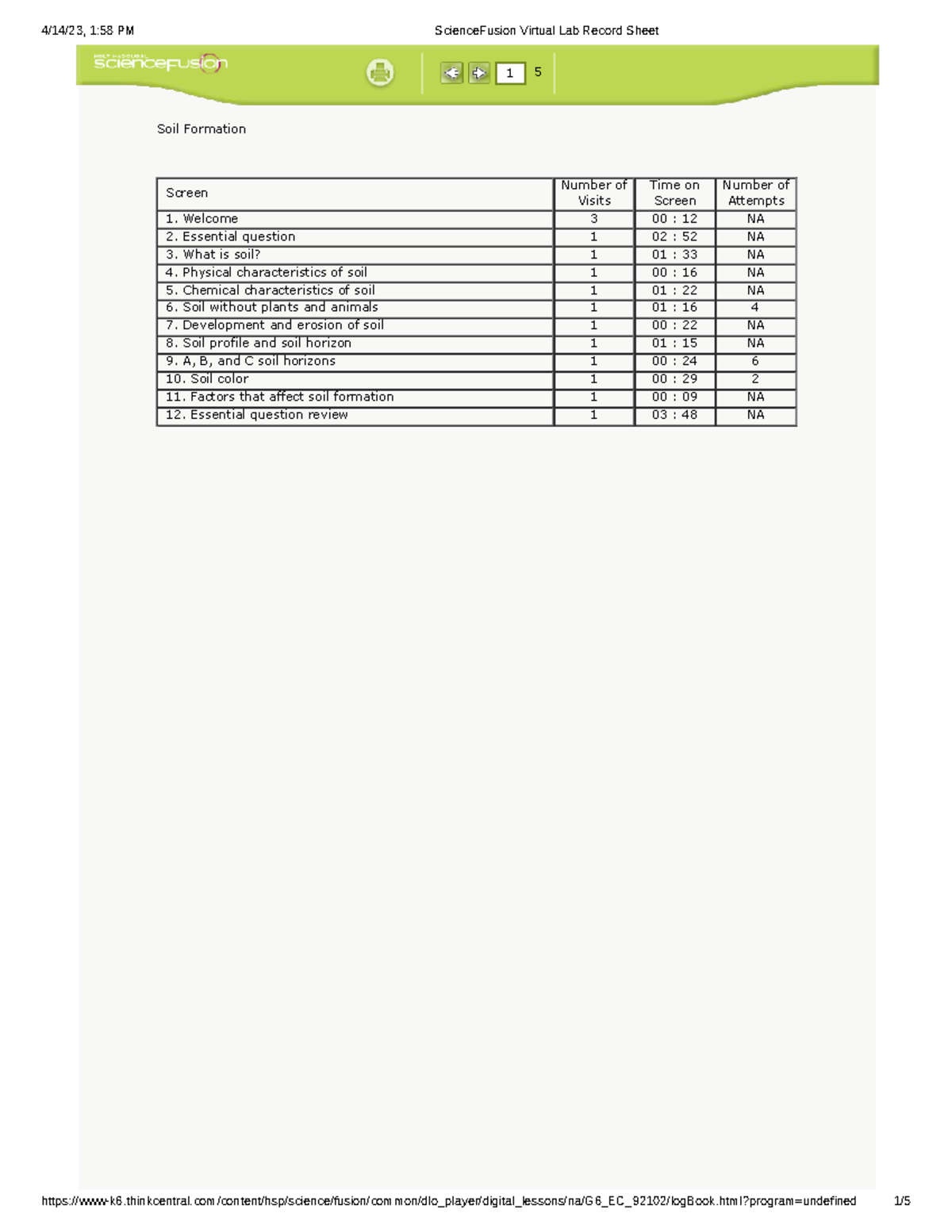 Science Fusion Virtual Lab Record Sheet - Soil Formation Screen Number ...