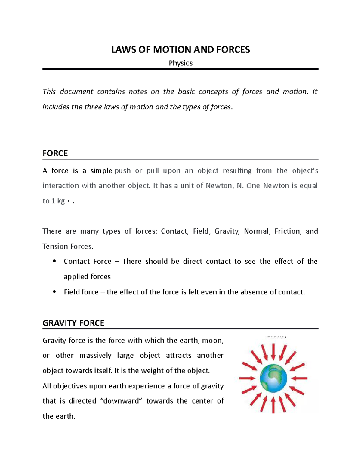 Laws of Motion - LAWS OF MOTION AND FORCES Physics This document ...