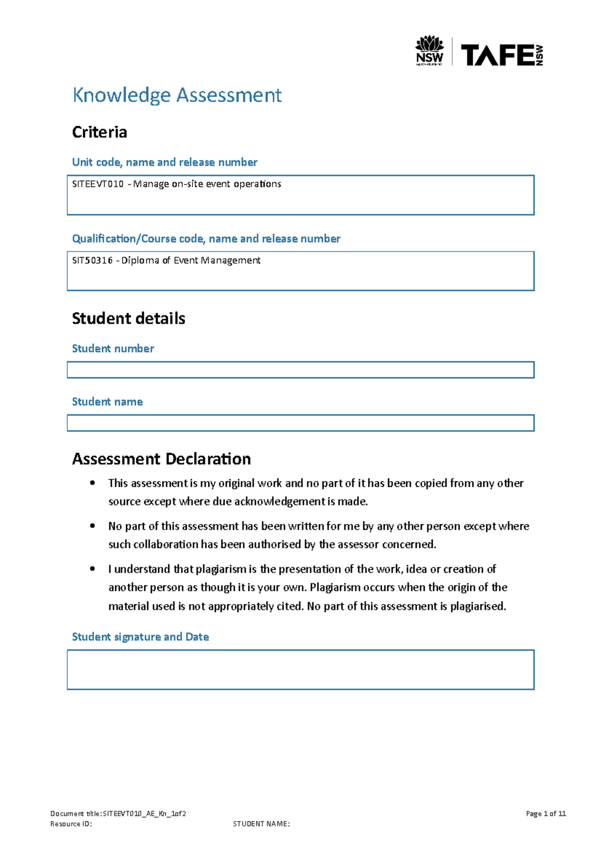 SITEEVT010 - Knowledge Assessment - Knowledge Assessment Criteria Unit ...