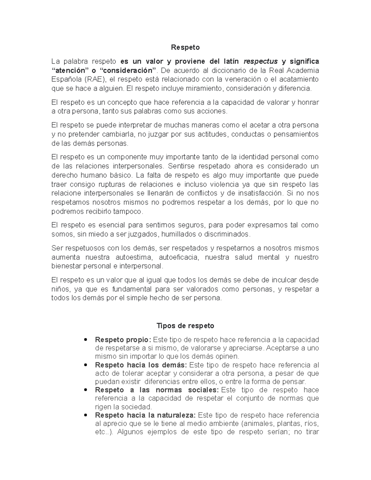 Construcción de textos - Respeto La palabra respeto es un valor y ...