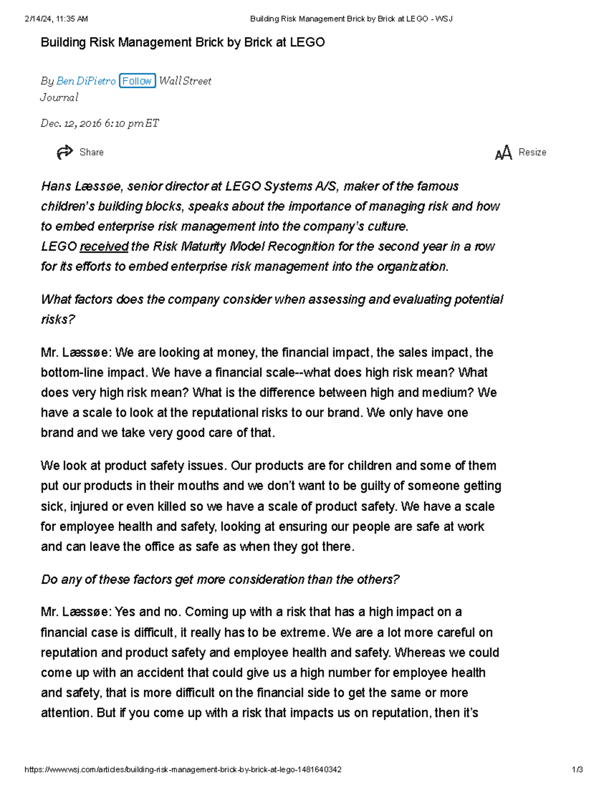 Building Risk Management Brick by Brick at LEGO - WSJ - 12, 2016 6:10 ...