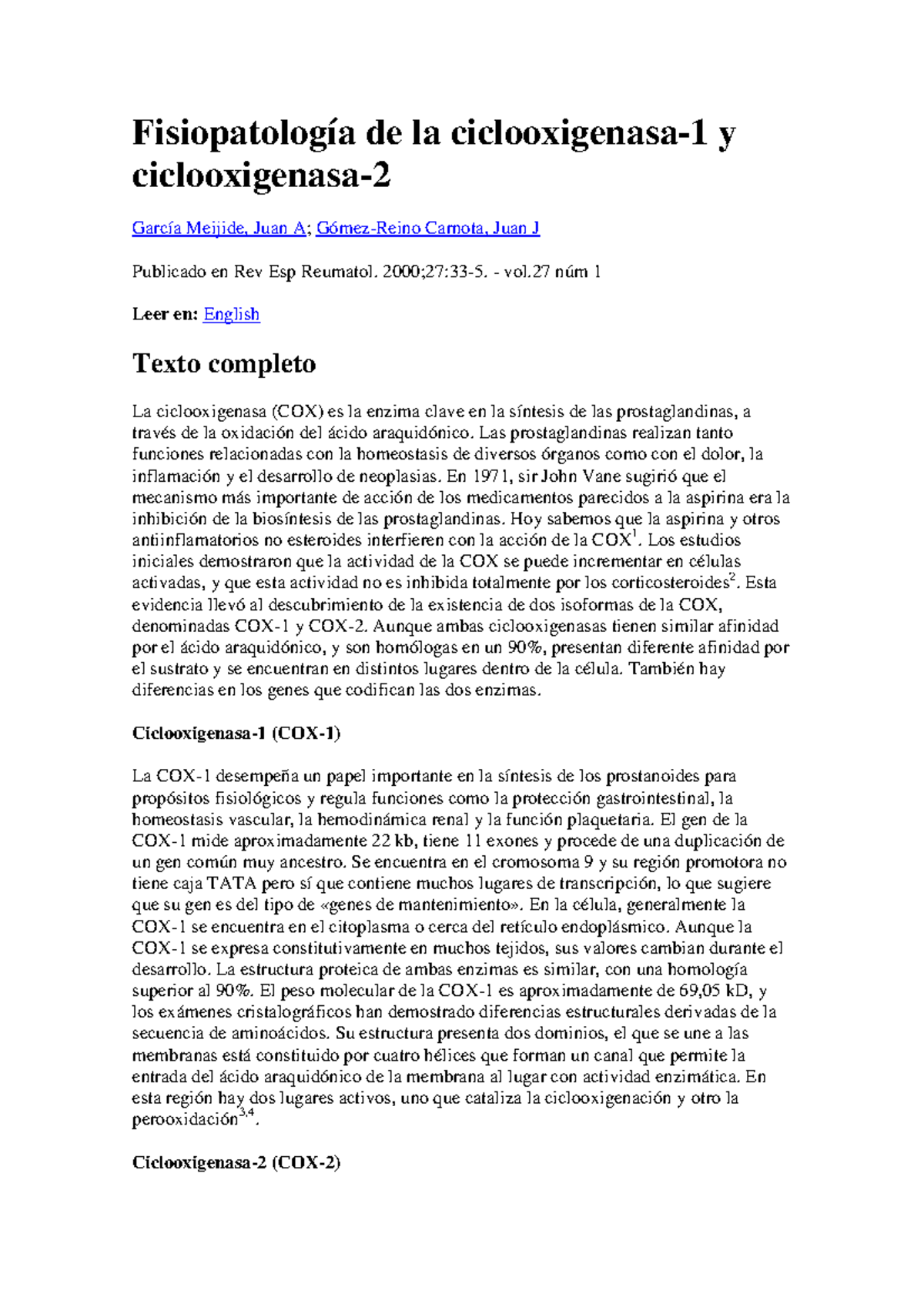 Fisiopatologia de la ciclooxigenasa 1 y ciclooxigenasa 2 ...