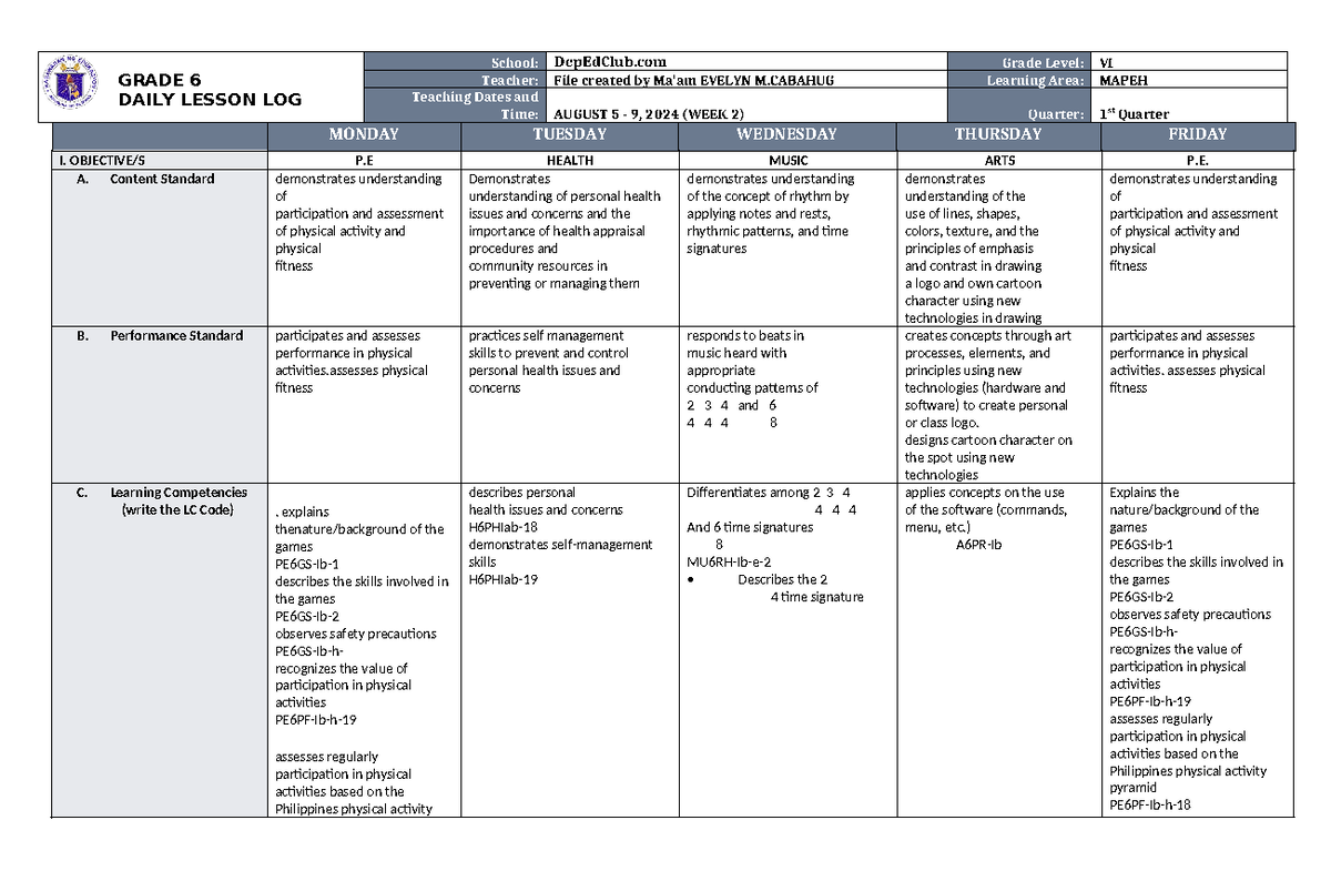 DLL Mapeh 6 Q1 W2 - dll - GRADE 6 DAILY LESSON LOG School: DepEdClub ...