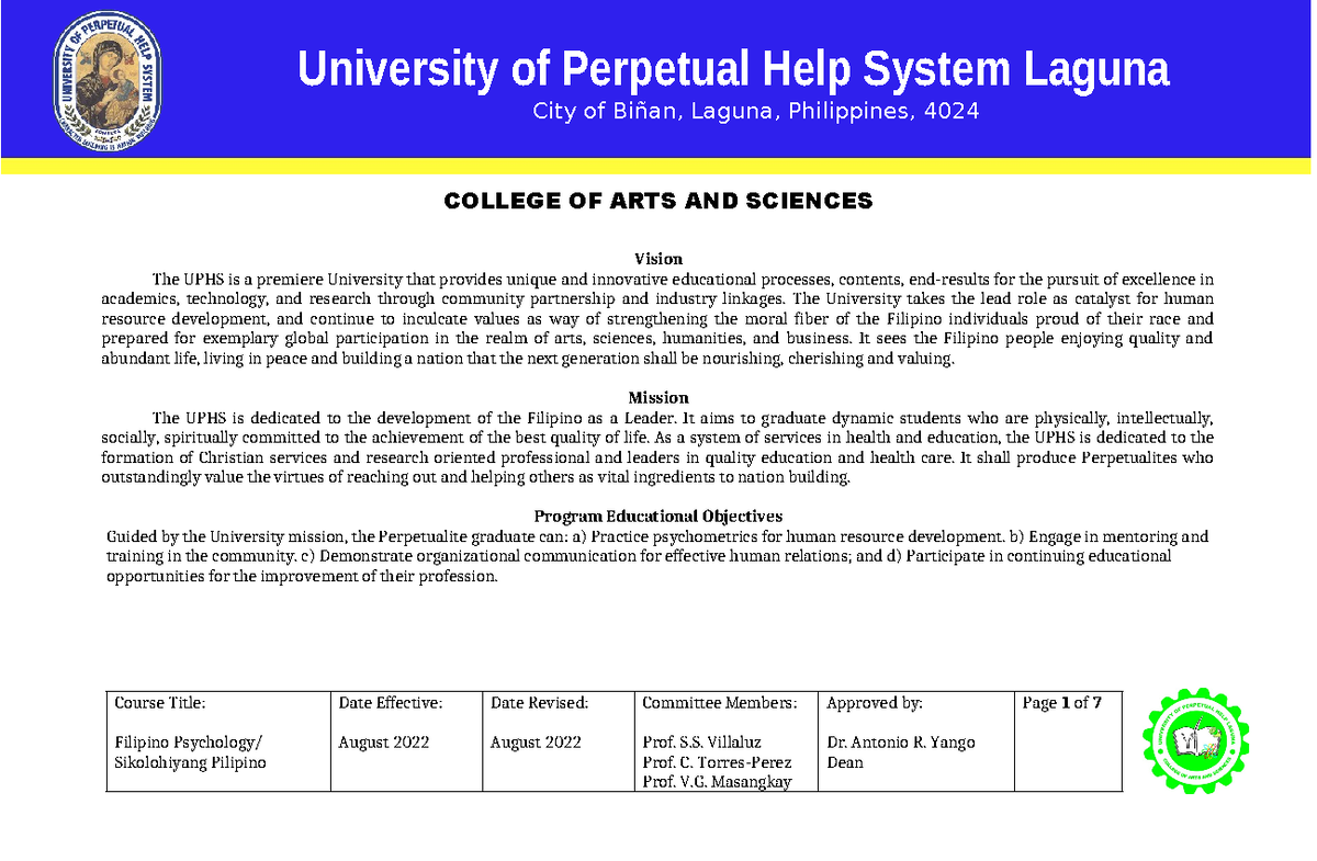 Filipino Psychology Syllabus - COLLEGE OF ARTS AND SCIENCES Vision The ...