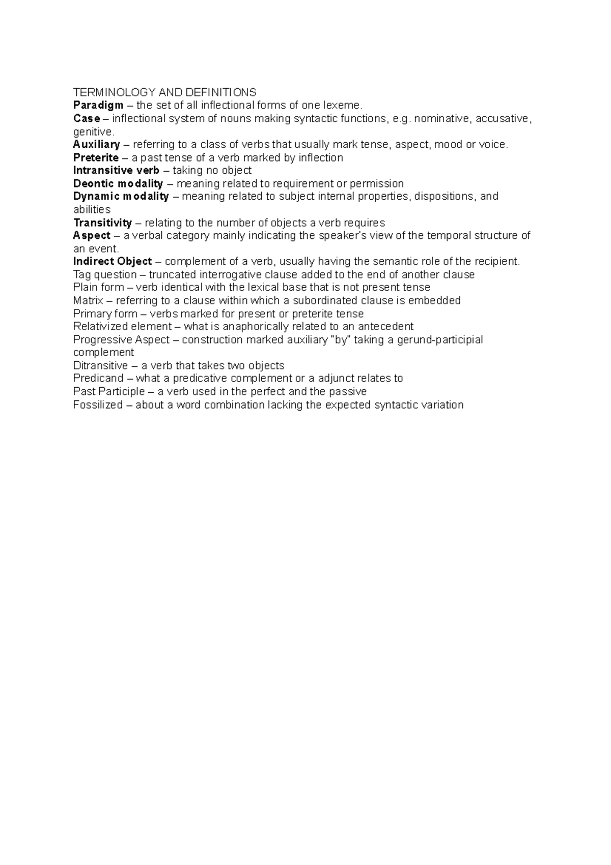 Grammar Exam Notes - TERMINOLOGY AND DEFINITIONS Paradigm – the set of ...