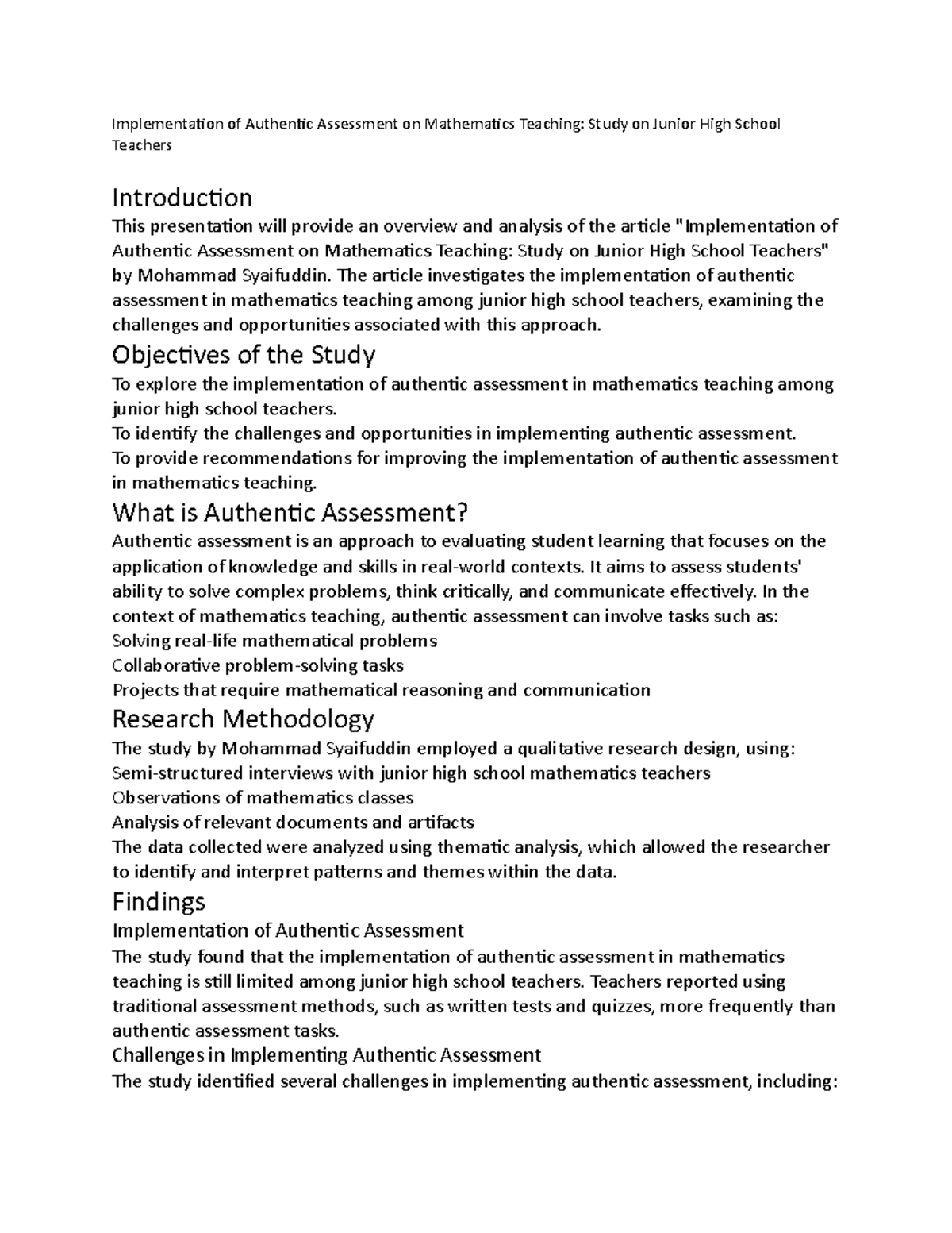 Article Analysis presentation - Implementation of Authentic Assessment ...