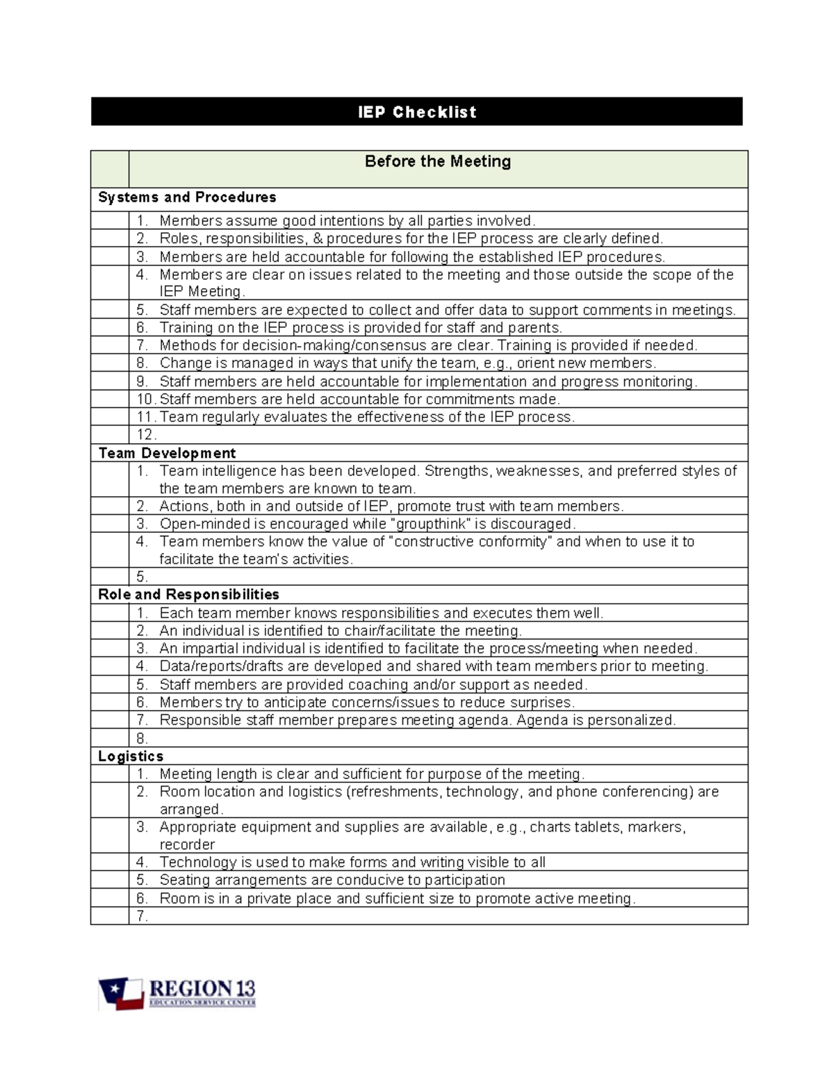 3 - n/a - IEP Checklist Before the Meeting Systems and Procedures 1 ...