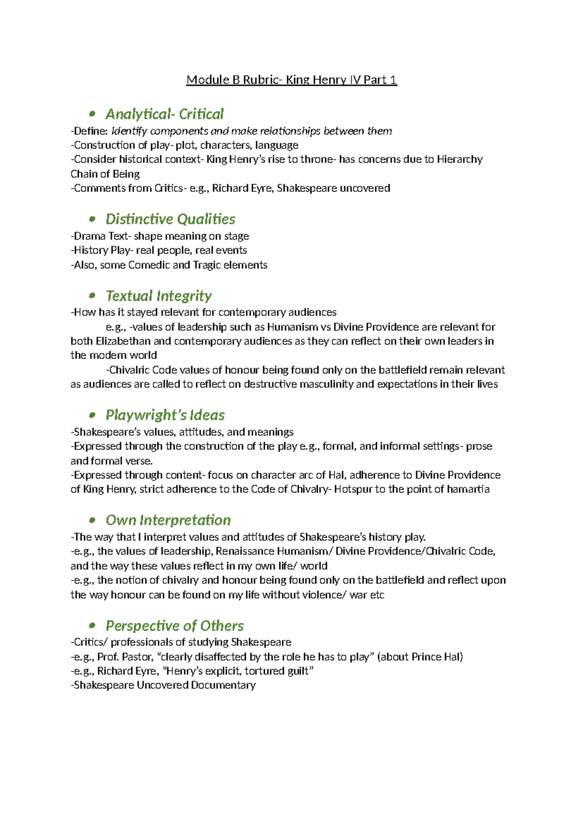 Advanced English Module B Rubric Summary Notes - Module B Rubric- King ...