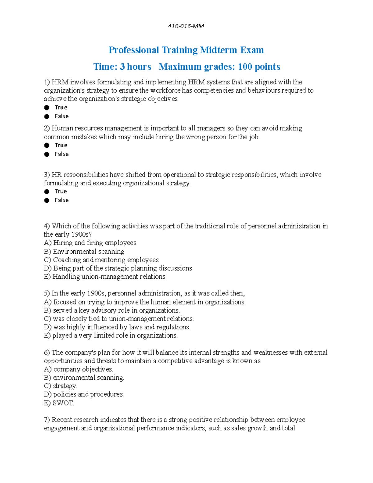 Midterm Exam Student - Professional Training Midterm Exam Time: 3 ...