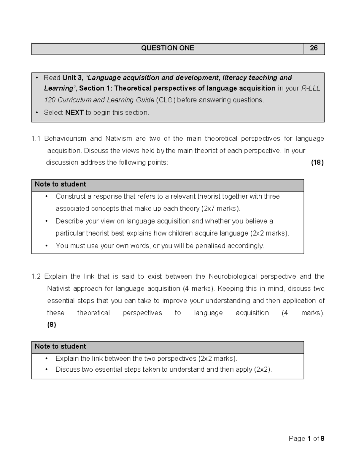 R LLL - ASSIGNMENT - QUESTION ONE 26 Read Unit 3, ‘Language acquisition ...