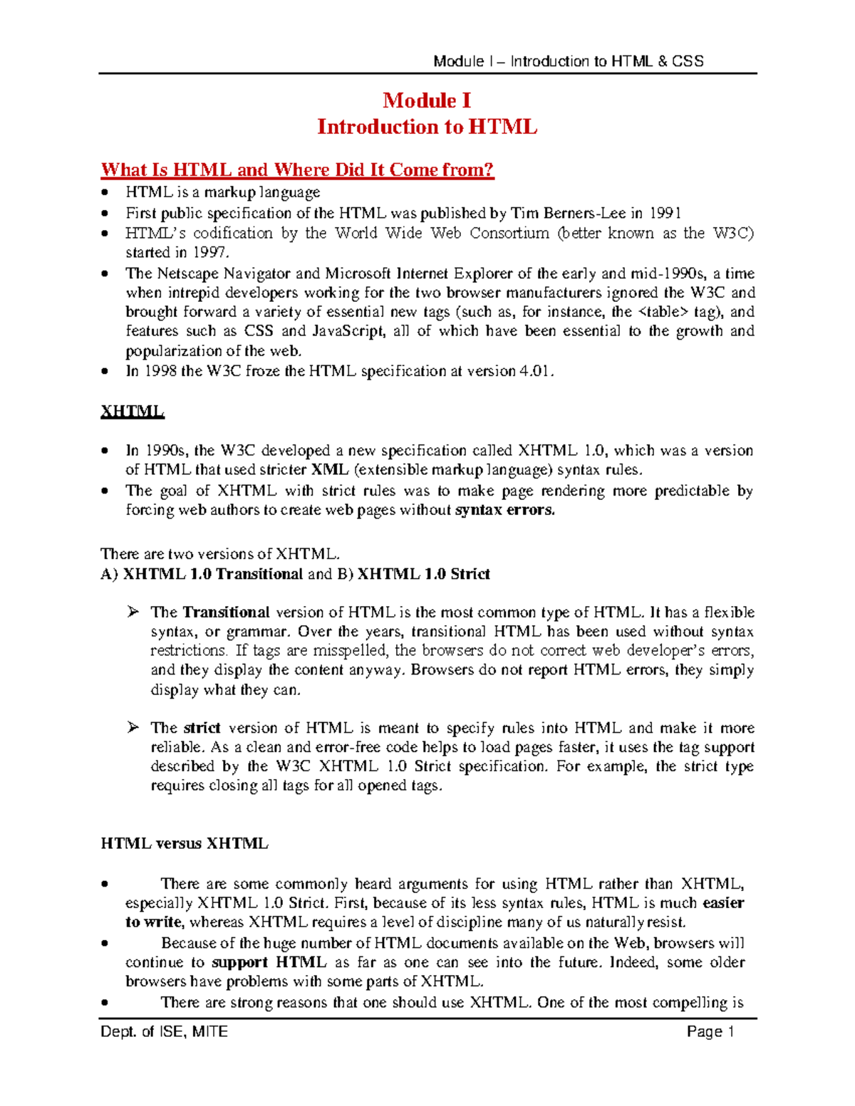 18CS63 Module 1 - Dept. of ISE, MITE Page 1 Module I Introduction to HTML What Is HTML and Where ...