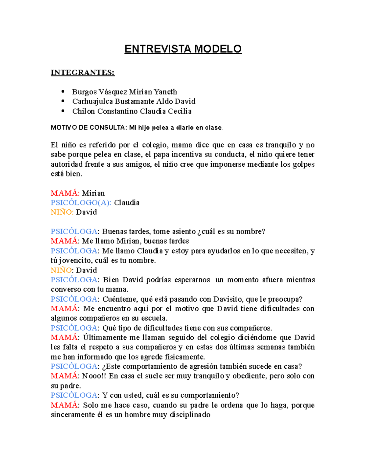 Entrevista Modelo - ENTREVISTA MODELO INTEGRANTES: Burgos Vásquez ...