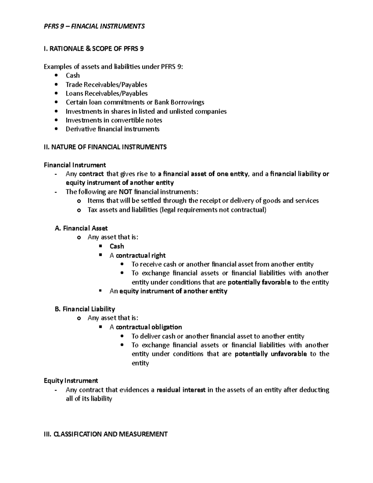 Financial Instruments - PFRS 9 – FINACIAL INSTRUMENTS I. RATIONALE ...