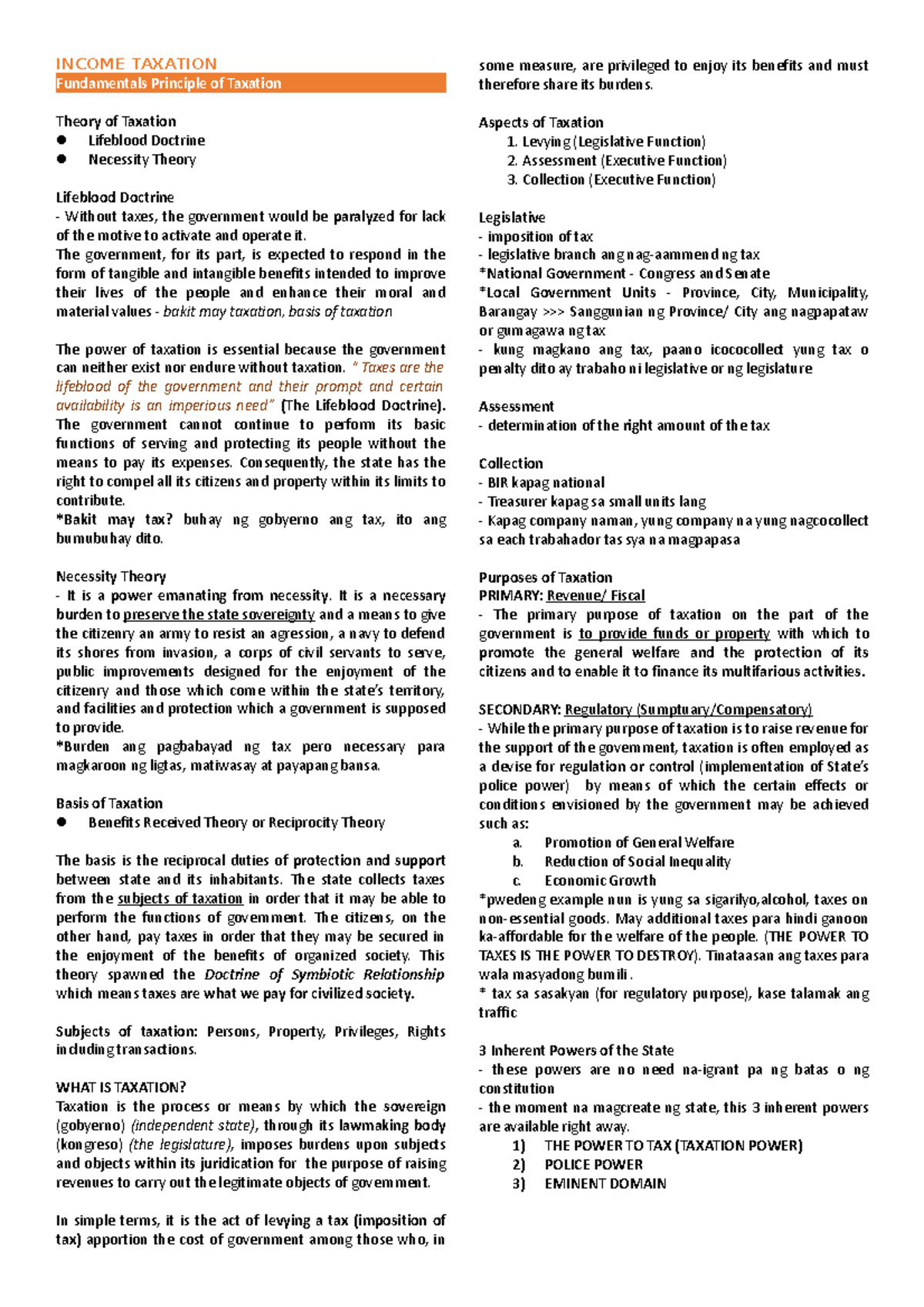Income- Taxation - INCOME TAXATION Fundamentals Principle of Taxation ...