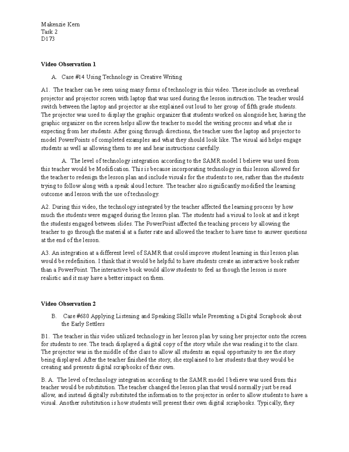 D173 task 2 Second attempt - Makenzie Kern Task 2 D Video Observation 1 ...