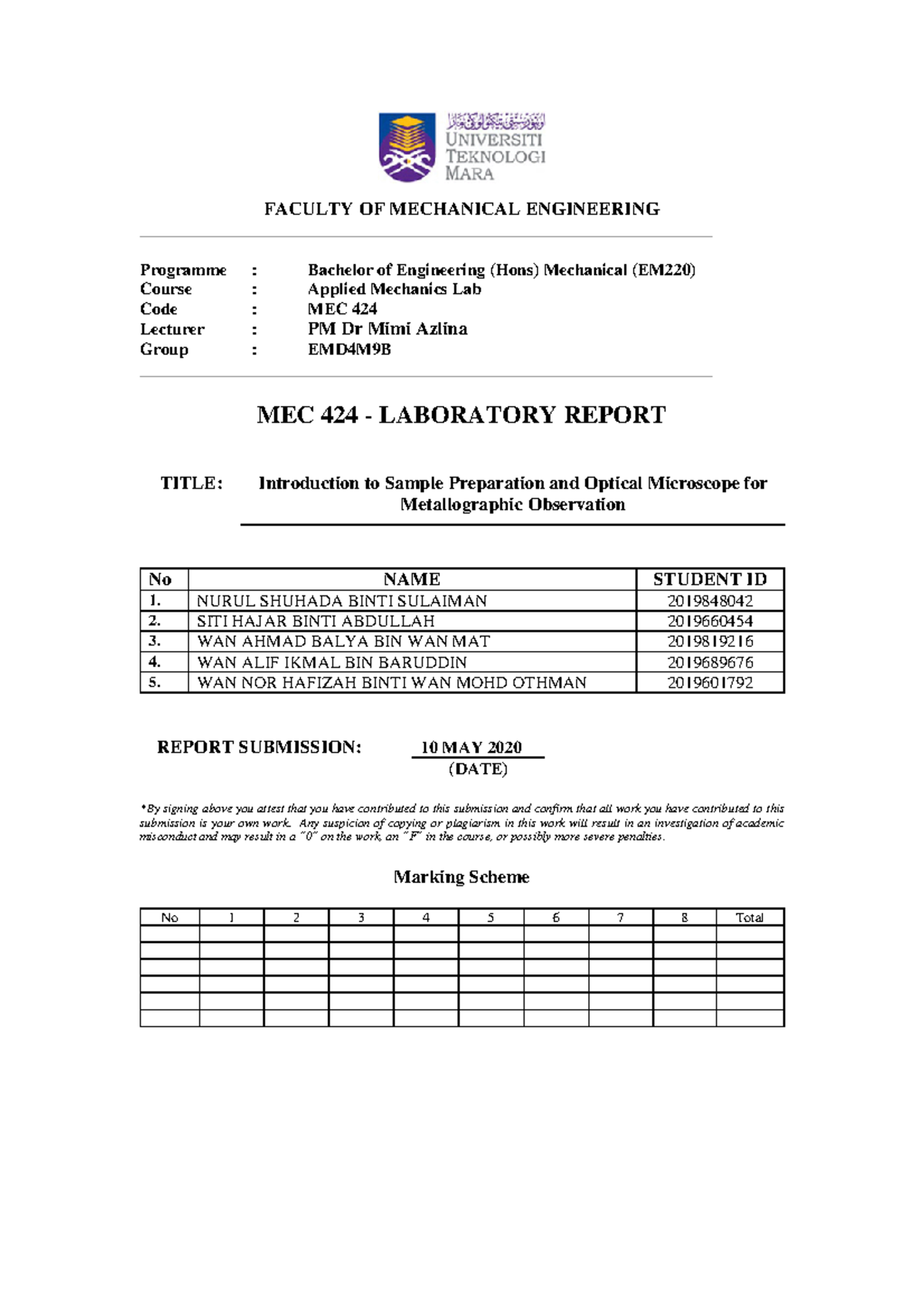 Toaz -uitm - FACULTY OF MECHANICAL ENGINEERING Programme : Bachelor of ...