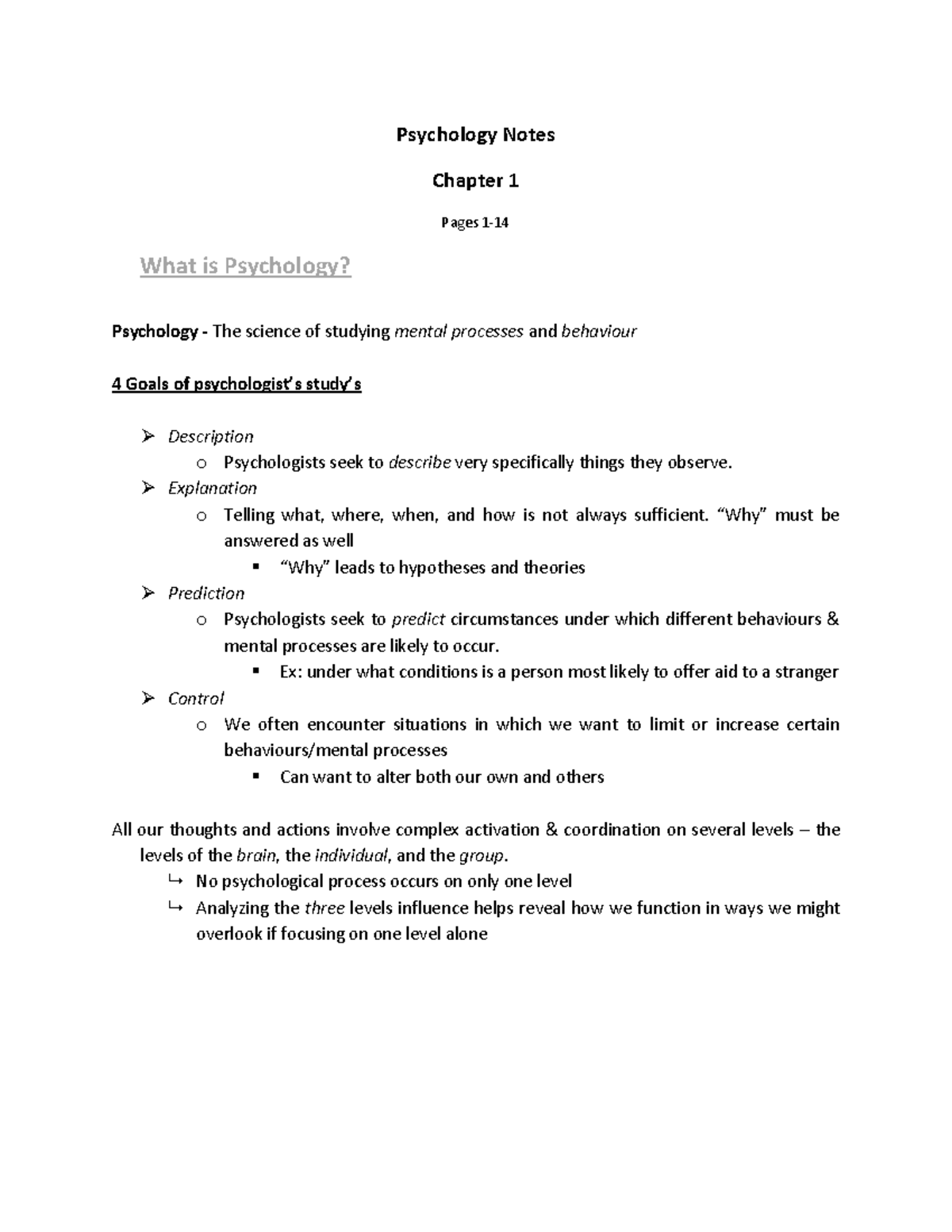 PS101 chapter 1 notes - Psychology Notes Chapter 1 Pages 1- What is ...