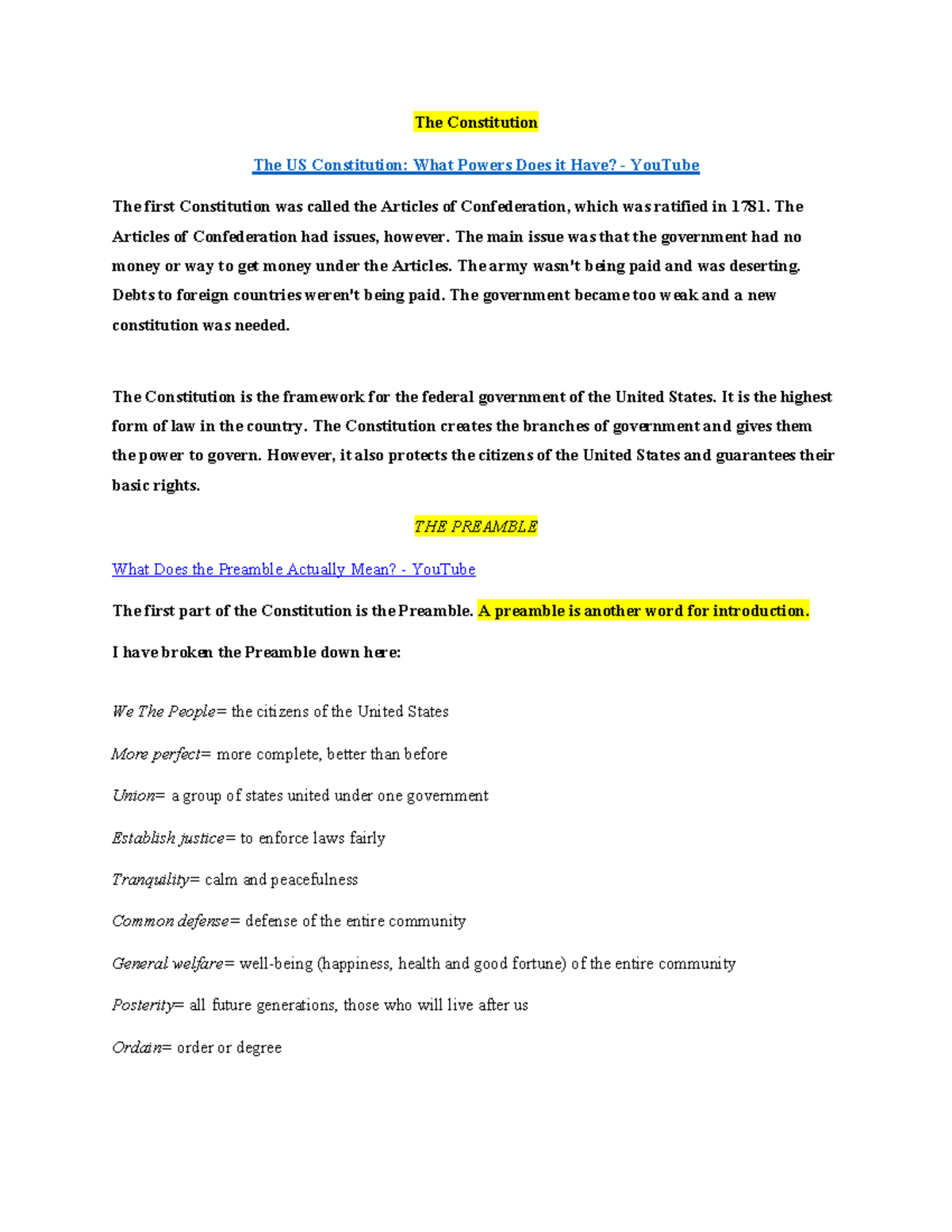 The Constitution Spring Break Study Guide - The Constitution The US ...