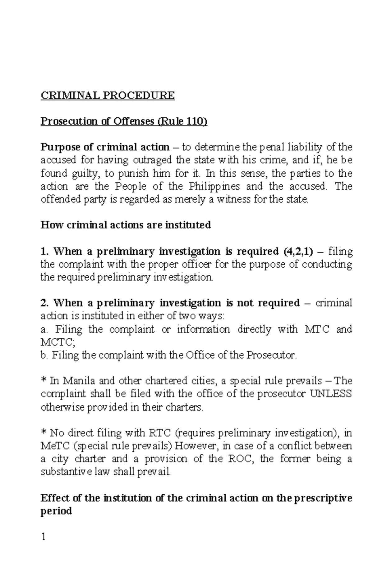 Criminal-procedure - CRIM PRO NOTES - CRIMINAL PROCEDURE Prosecution of ...