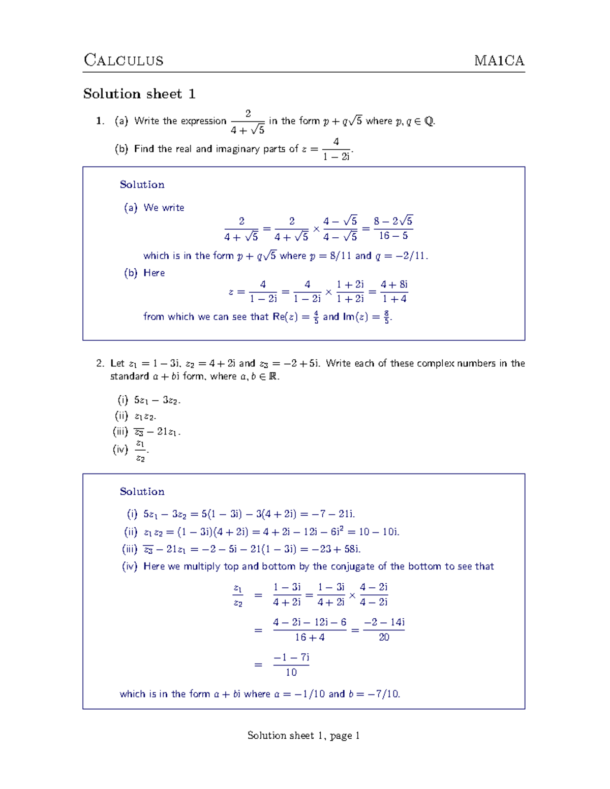 CA all Autumn solution sheets - Solution sheet 1 (a) Write the ...