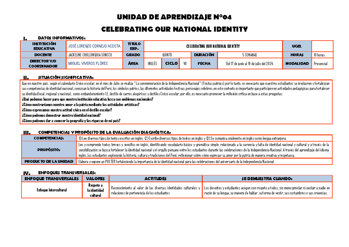 UNIT 4- Quinto - sesion para secundaria - UNIDAD DE APRENDIZAJE N ...