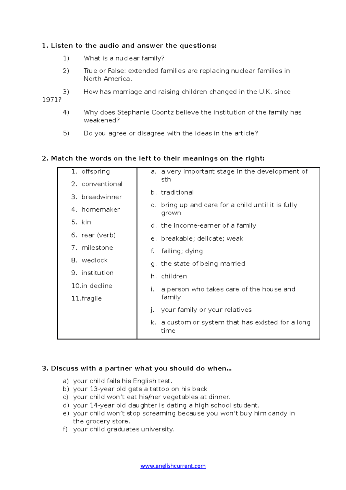 Family Worksheet Listen To The Audio And Answer The Questions What