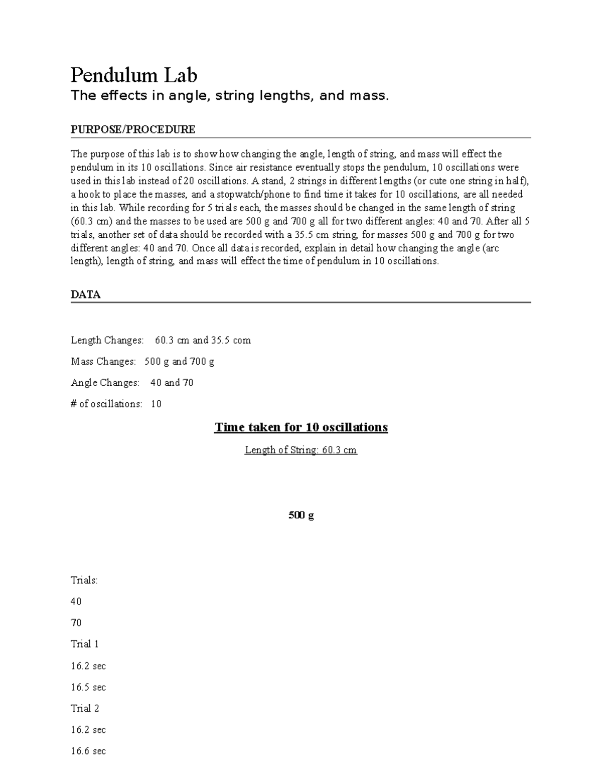Physics Pendulum Lab - Pendulum Lab The effects in angle, string ...
