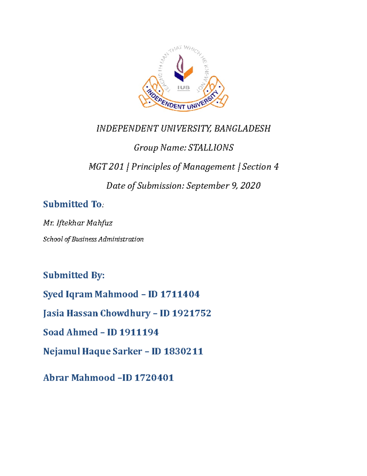 MGT Report - mgt assignment - ####### INDEPENDENT UNIVERSITY ...