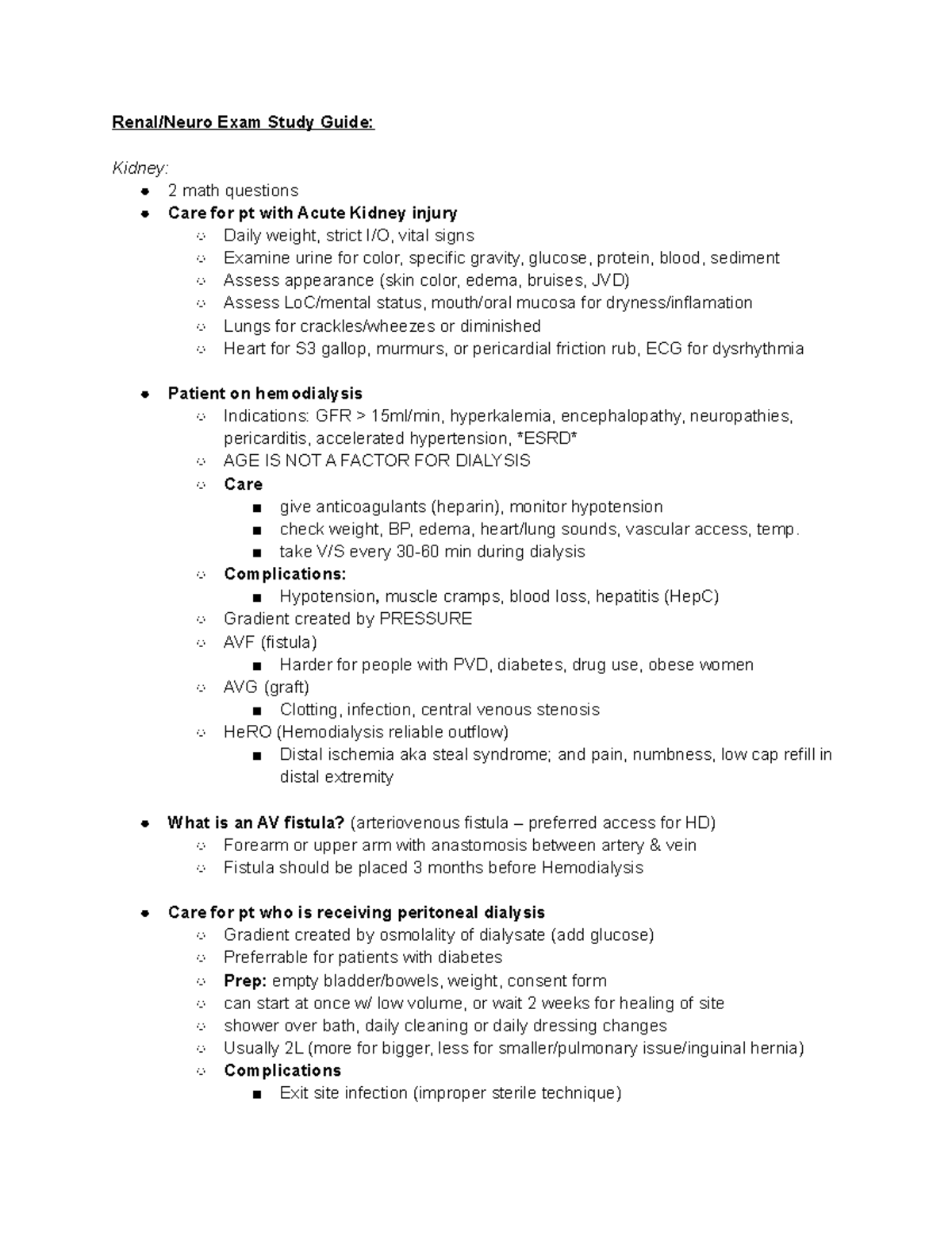 Exam Study Guide: Renal/Neuro - Renal/Neuro Exam Study Guide: Kidney: 2 ...