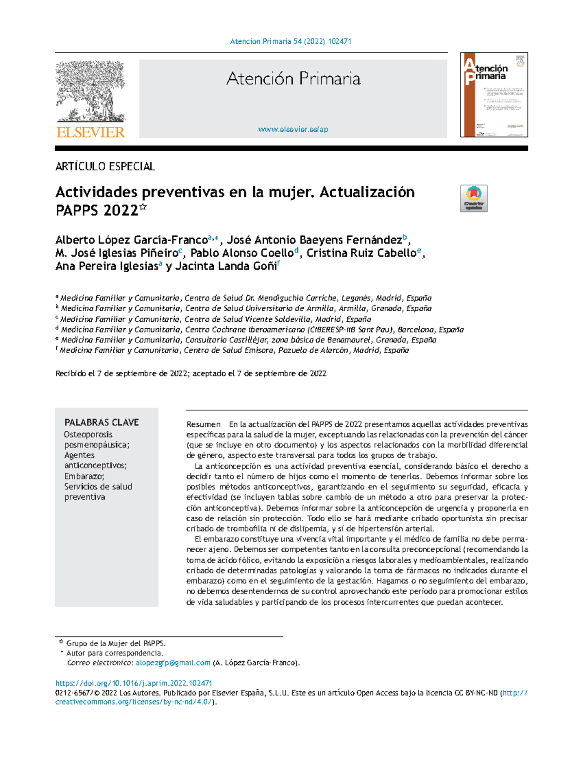 Actividades preventivas en la mujer. Actualización Papps 2022 - Atencion Primaria 54 (2022 ...