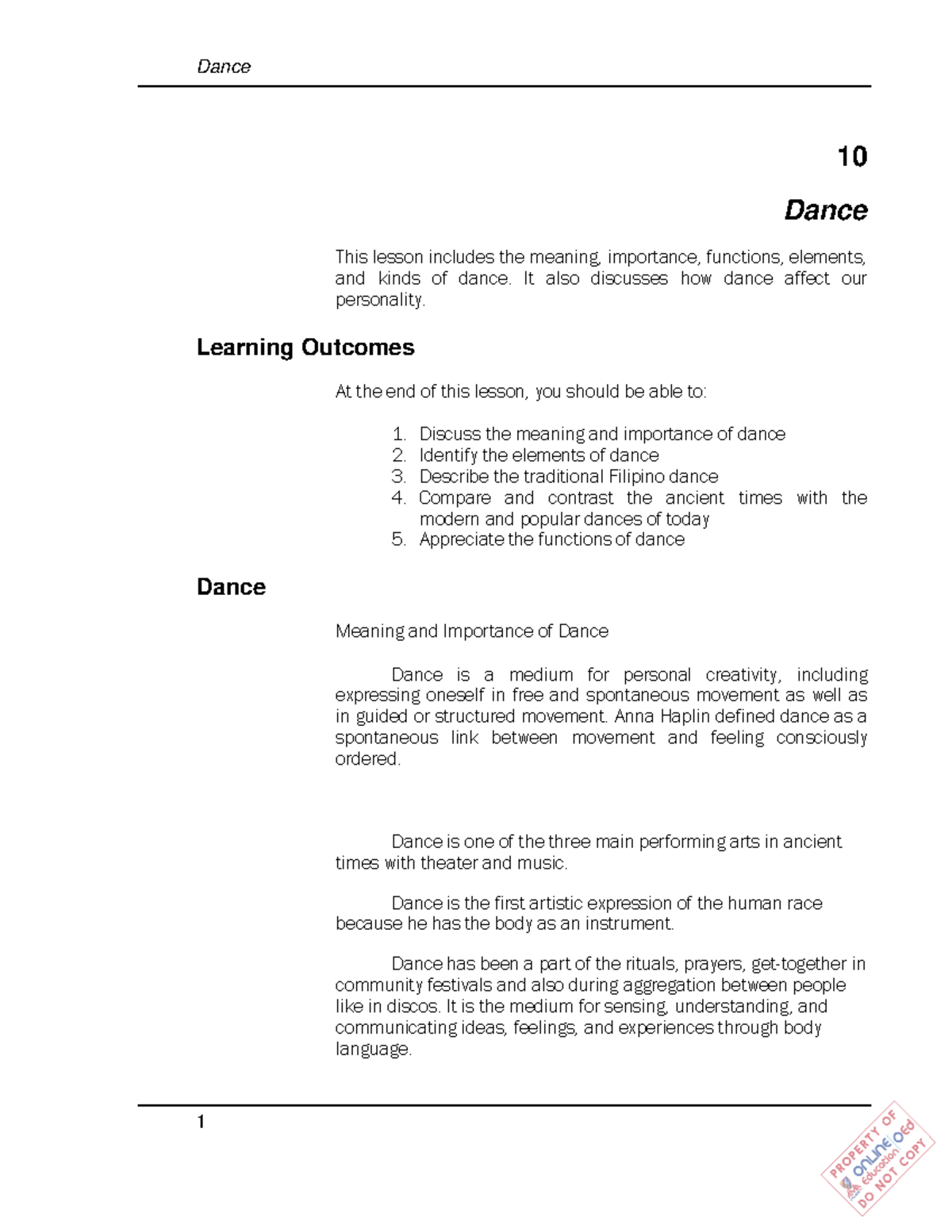 (Week 10) Dance - ART LECTURE NOTES - 10 Dance This lesson includes the ...