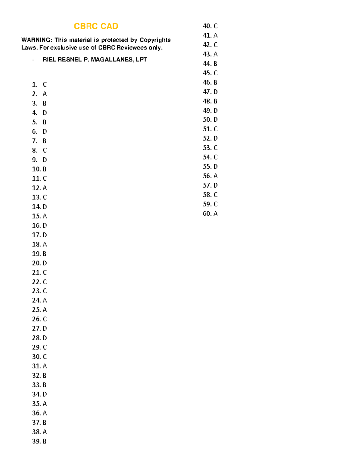 CAD Answer Key Only 6 - A helpful notes for future educators. - CBRC ...