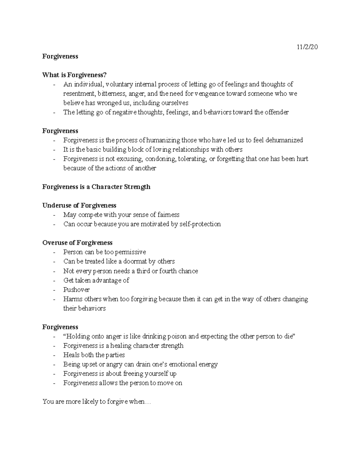 Forgiveness Notes - 11/2/ Forgiveness What is Forgiveness? - An ...