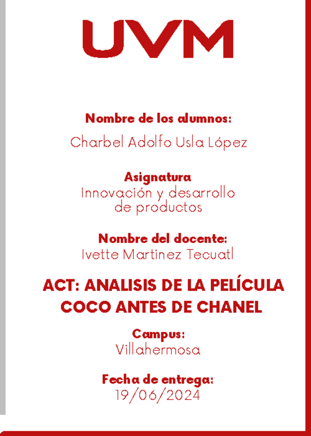 ACT Analisis DE LA PELÍCULA COCO Antes DE Chanel - Nombre de los ...