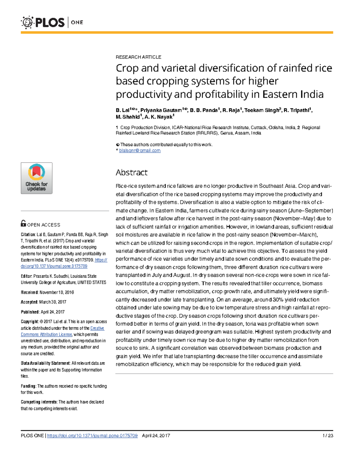 Crop and varietal diversification of rainfed rice - RESEARCH ARTICLE ...