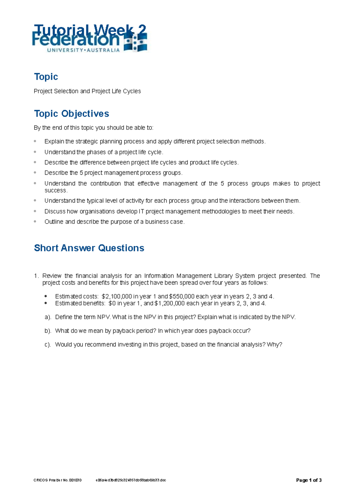 02 tutorial - Tutorial Week 2 Topic Project Selection and Project Life ...