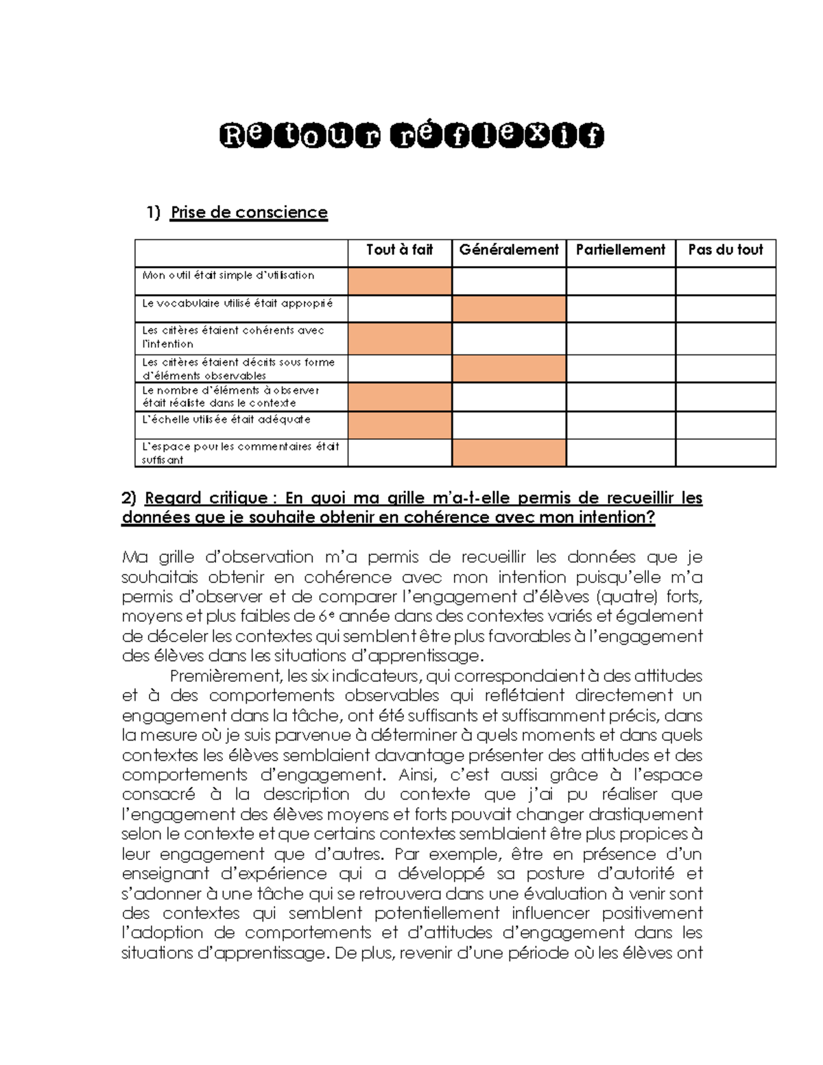 Retour réflexif et grille observation - Retour réflexif Prise de ...