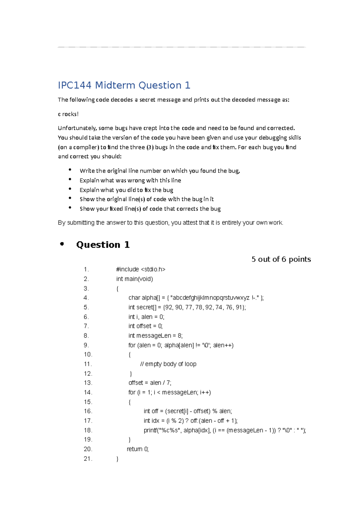 Ipc144 midterm test q1 - IPC144 Midterm Question 1 The following code ...
