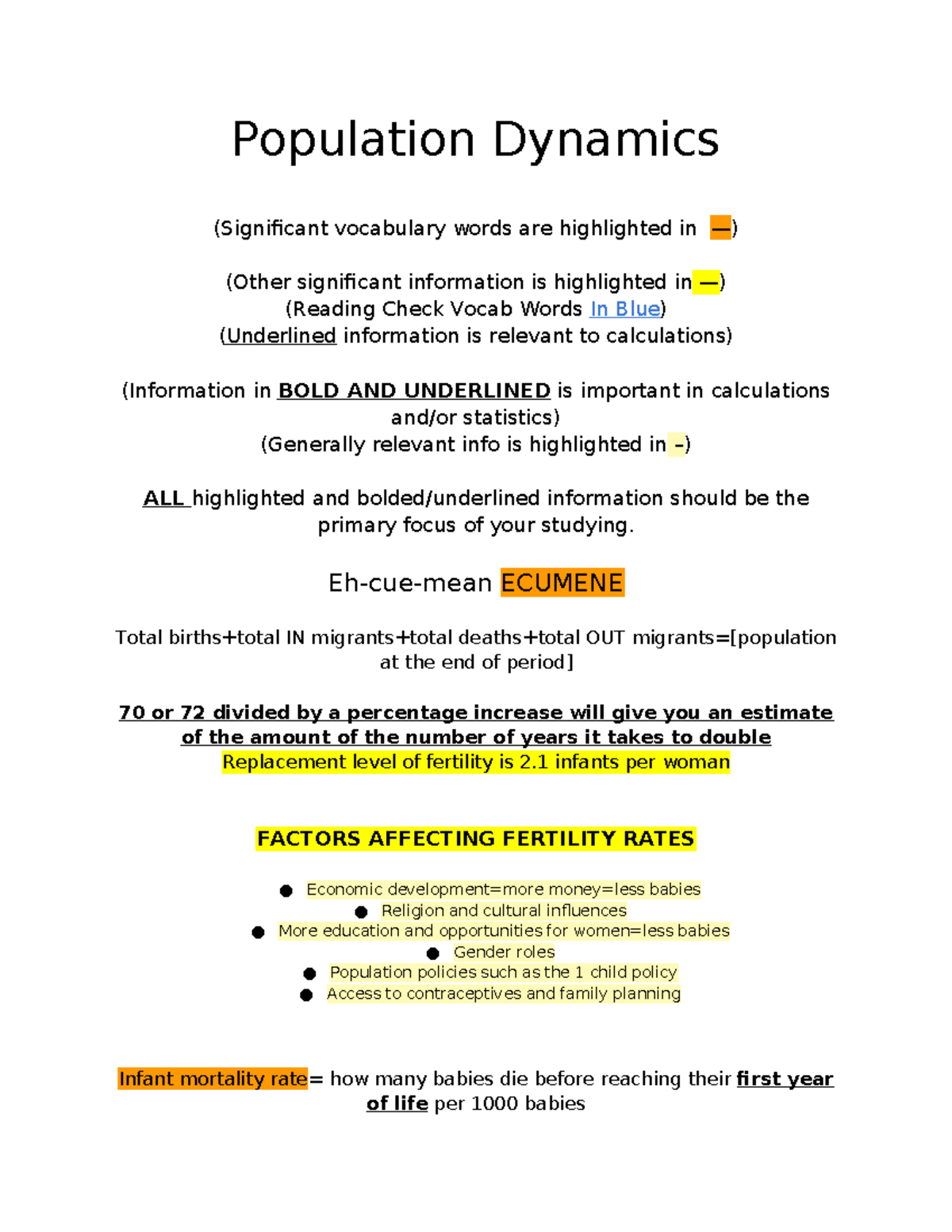 AP Human Geography Notes - Population Dynamics (Significant vocabulary ...