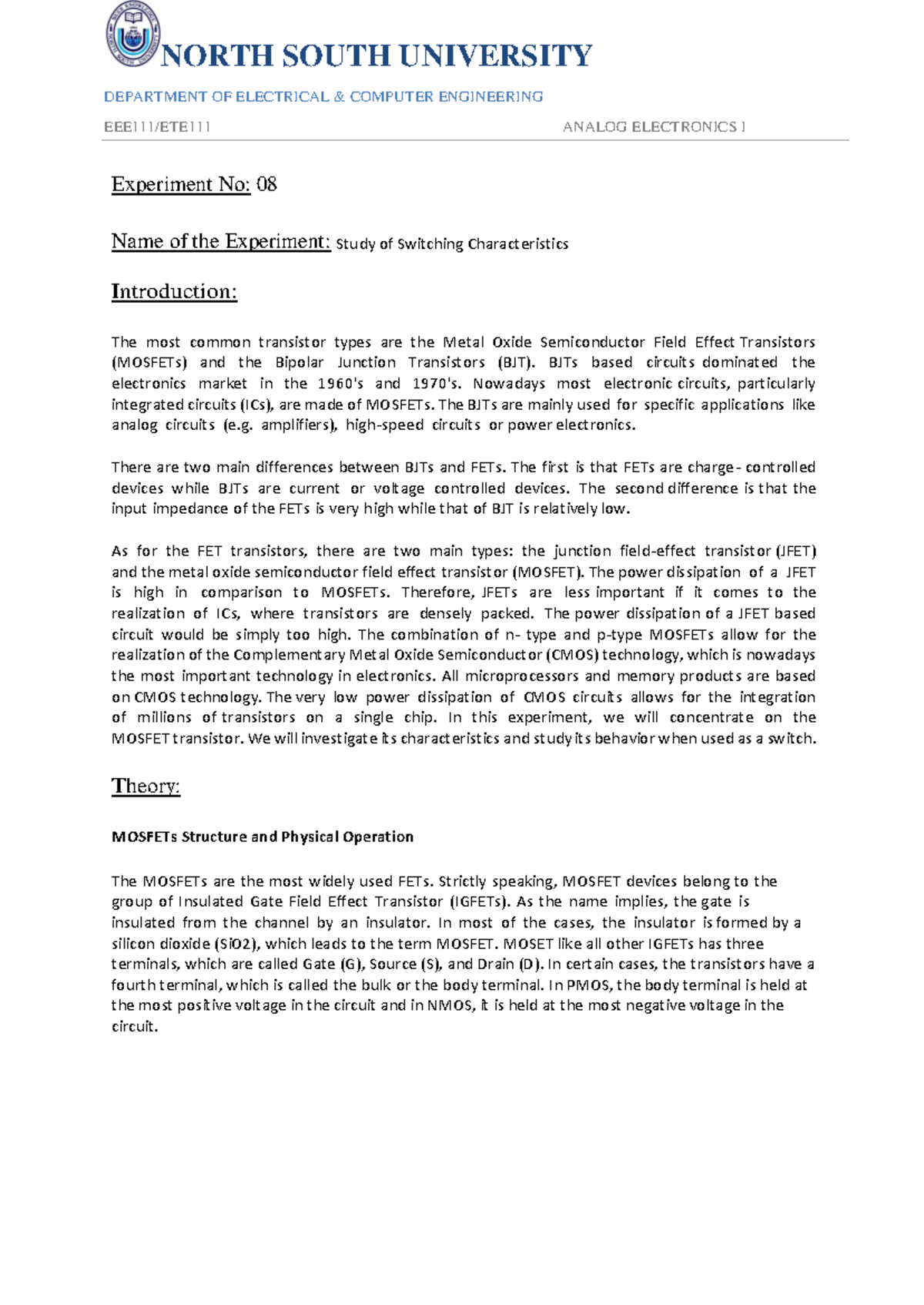 Lab Manual Experiment 8 - DEPARTMENT OF ELECTRICAL & COMPUTER ENGINEERING EEE111/ETE111 ANALOG ...