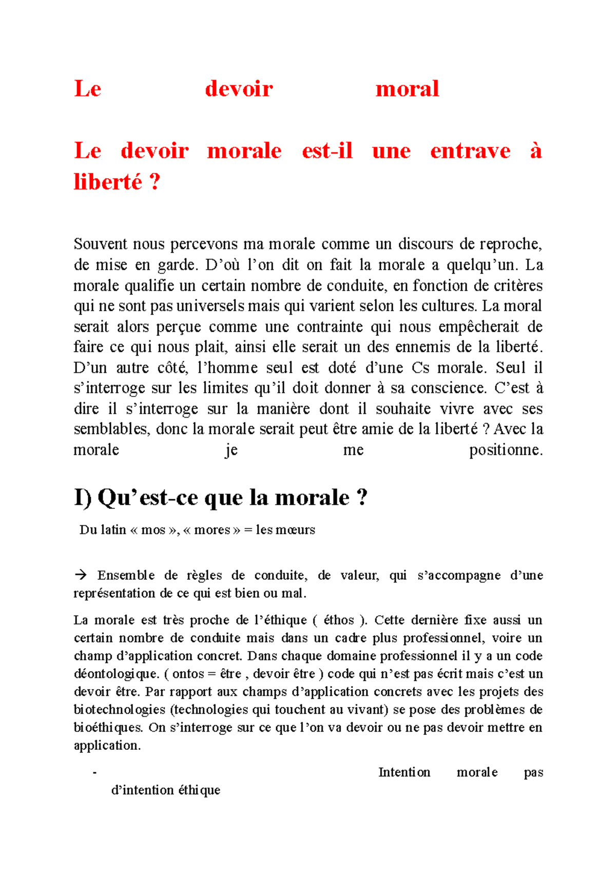 La morale - Notes de cours 8 - Le devoir moral Le devoir morale est-il ...